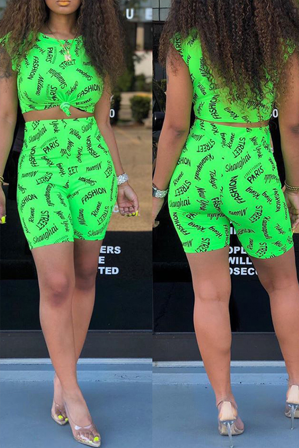 Lovely Casual Letter Print Green Two-piece Shorts Set Sale ...