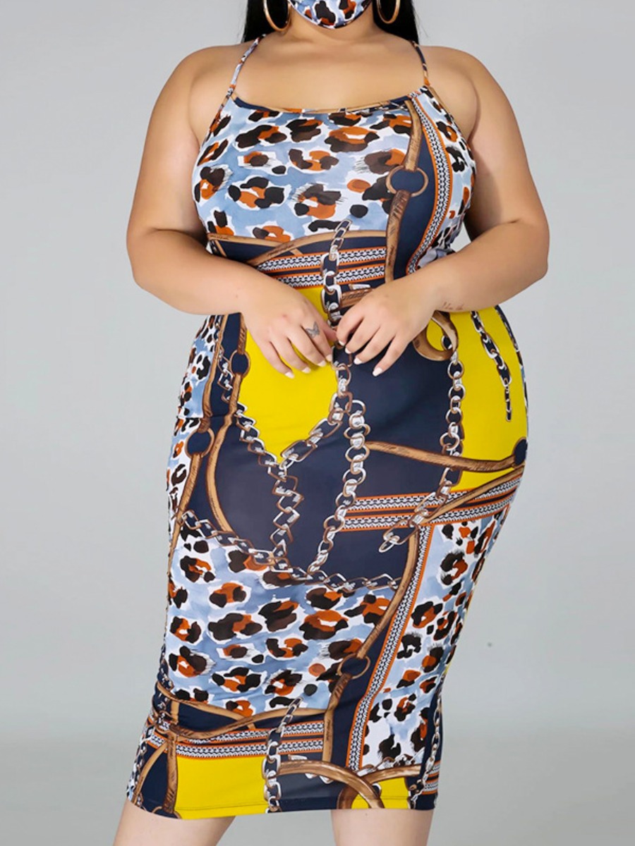lovely Trendy Spaghetti Strap Print Multicolor Mid Calf Plus Size Dress ...