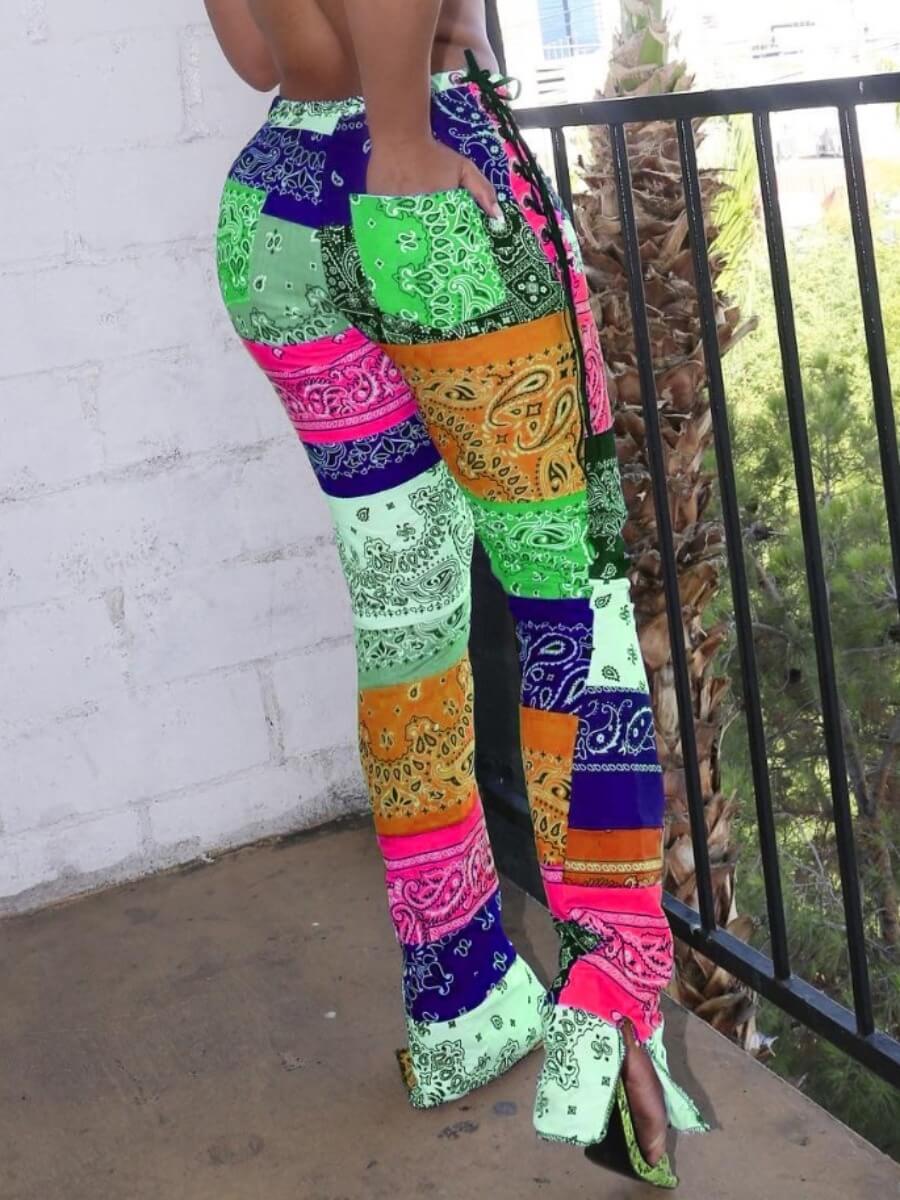 LW Bohemian Print Color-lump Patchwork Green Pants Sale | LovelyWholesale