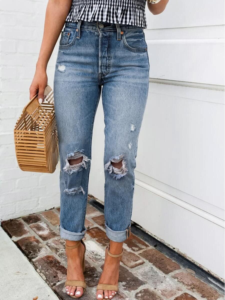LW Casual Broken Holes Blue Jeans (No Stretch) Sale | LovelyWholesale