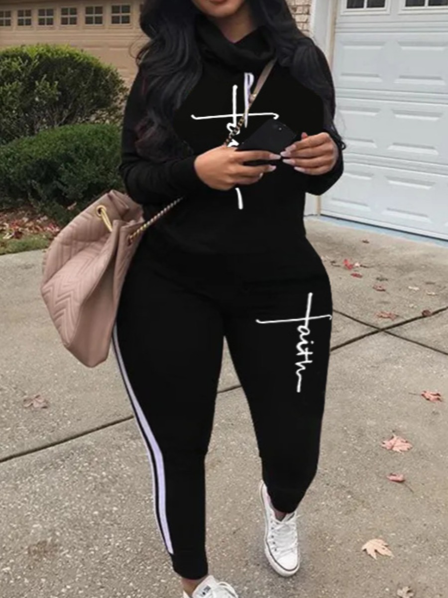 LW Plus Size Faith Letter Print Striped Tracksuit Set Sale ...
