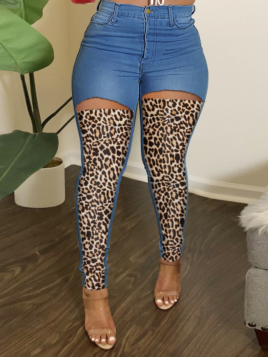 LW Stretchy Leopard Print Ripped Jeans Sale | LovelyWholesale