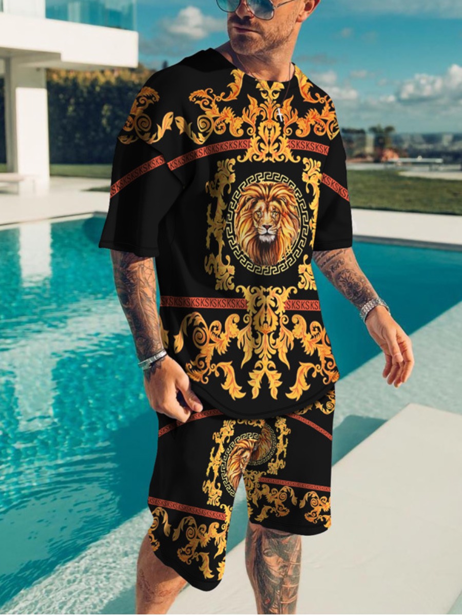 LW Men Lion Print Patchwork Shorts Set Sale | LovelyWholesale