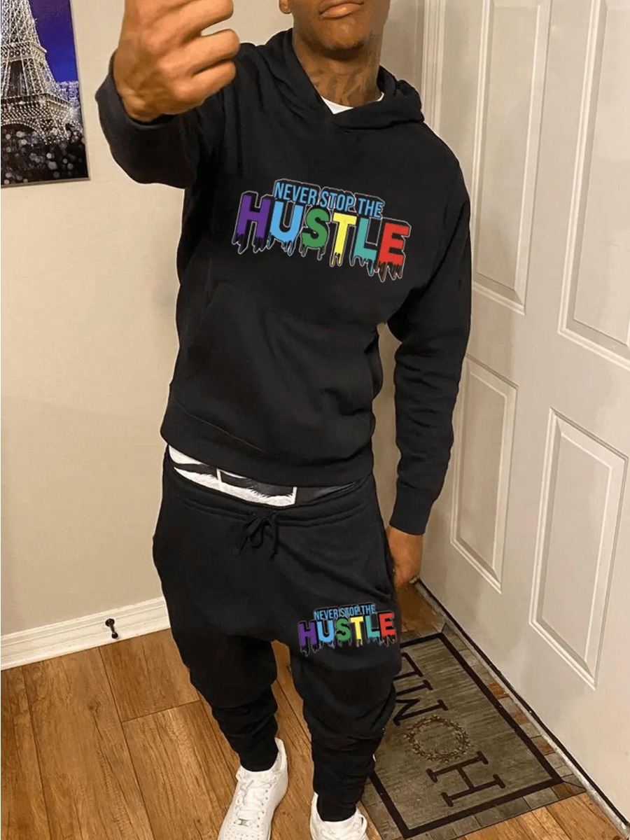 LW Men Hustle Letter Print Tracksuit Set Sale | LovelyWholesale