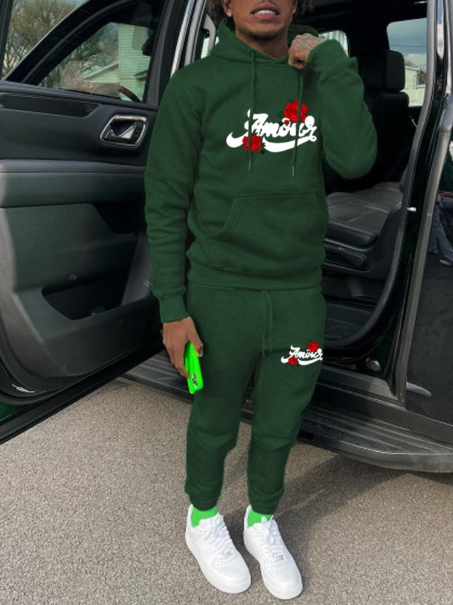 LW Men Rose Flower Letter Print Tracksuit Set Sale | LovelyWholesale