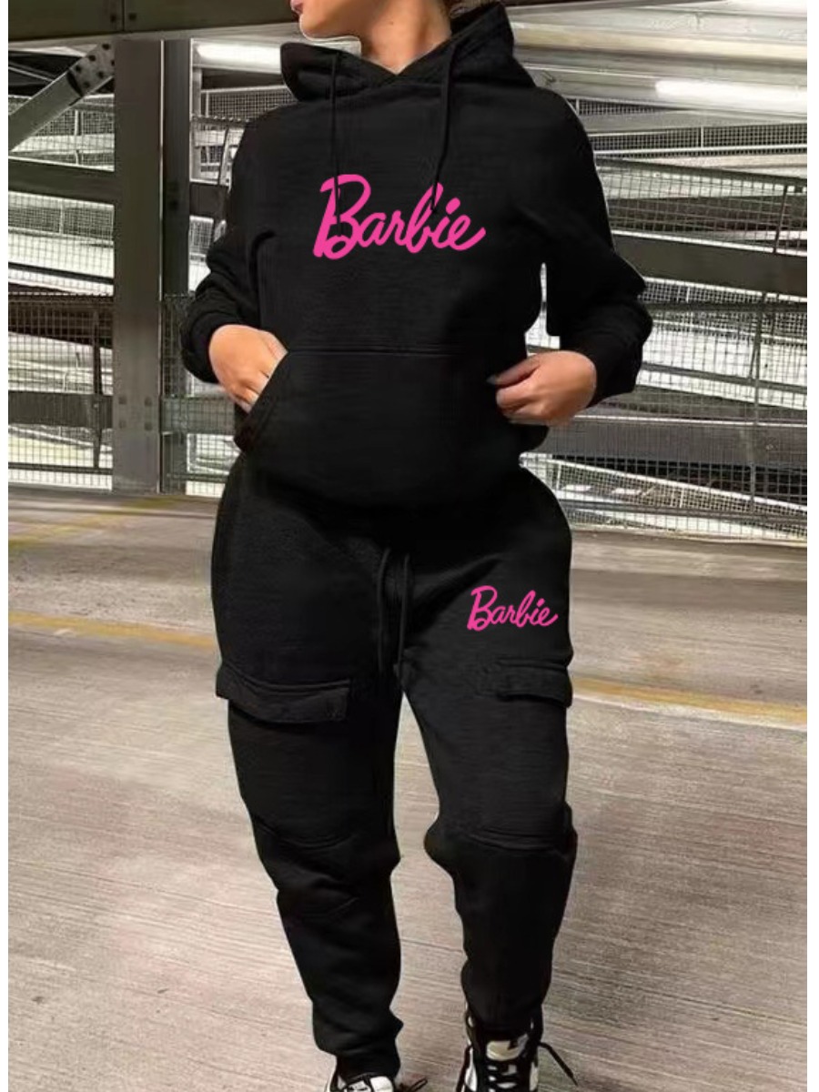 LW Plus Size Letter Print Kangaroo Pocket Tracksuit Set Sale ...