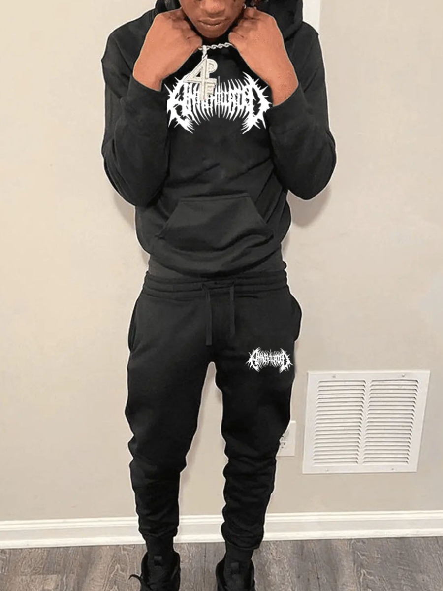 LW Men Gothic Element Print Kangaroo Pocket Tracksuit Set Sale ...